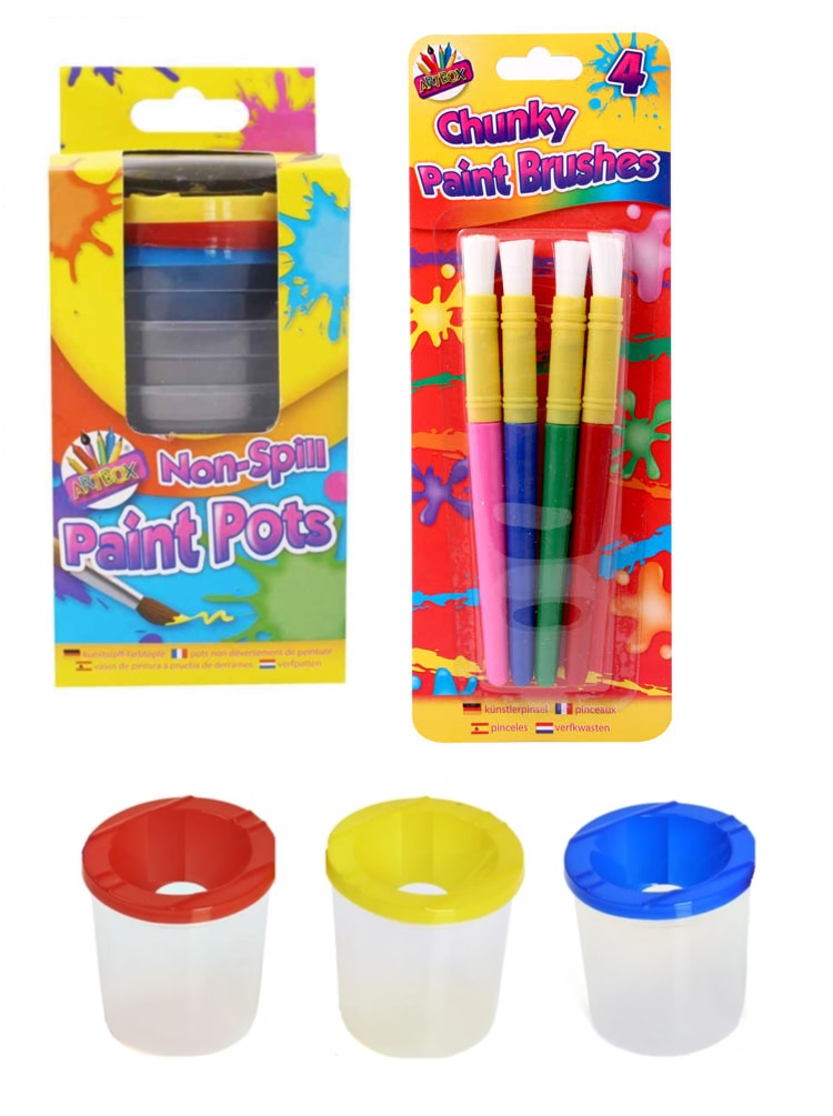 Set Of 3 Non Spill Children's Plastic Lidded Paint Pots & 4 Chunky ...
